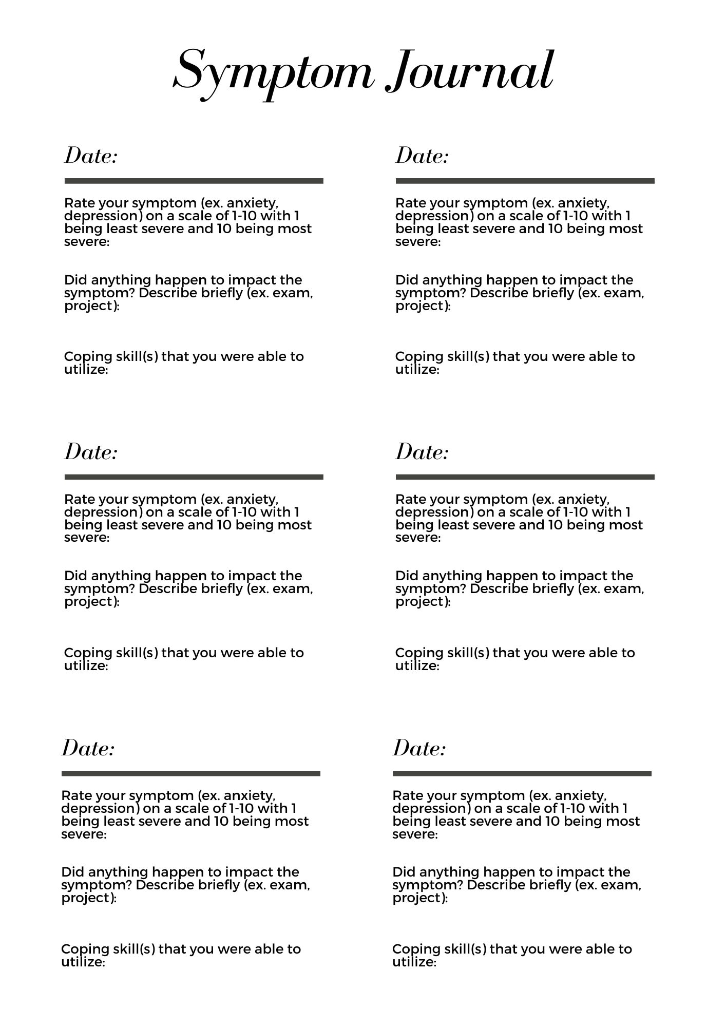 PRINTABLE Mental Health Symptom Journal Tracker Template for Self Care ...