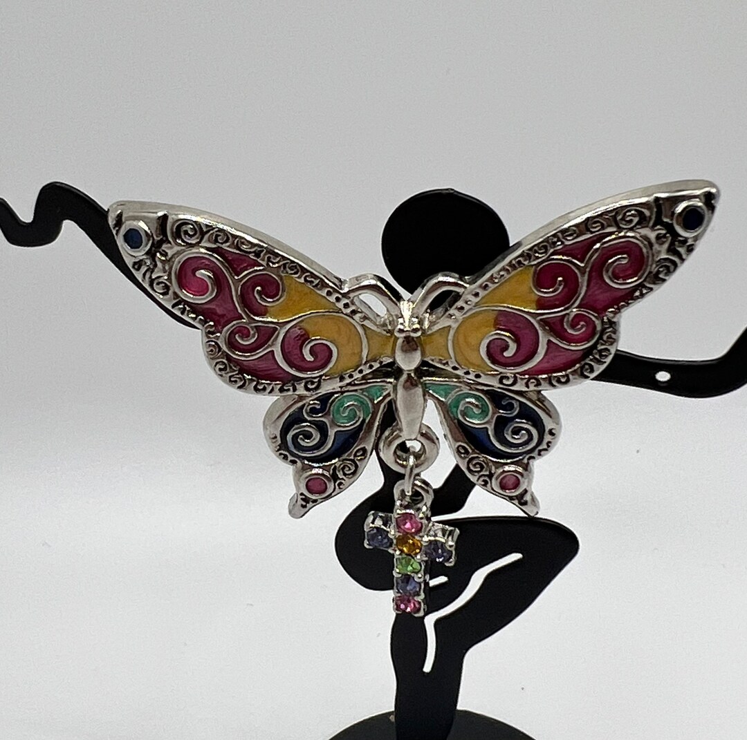 Butterfly Brooch ,silver Tone Metal, Multicolor Enamel, Crest With ...