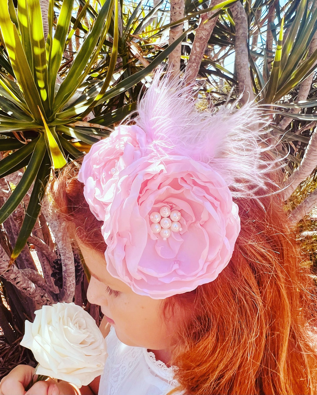 Pink Headband With Hand Made Fabric Flowers and Feathers- Pink Head ...