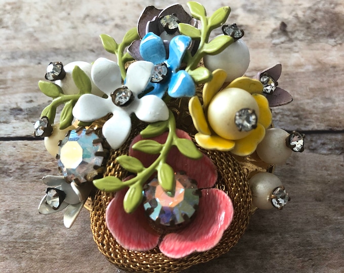 Vintage Haskel Style Pearls and Enamel Flowers Brooch - Etsy