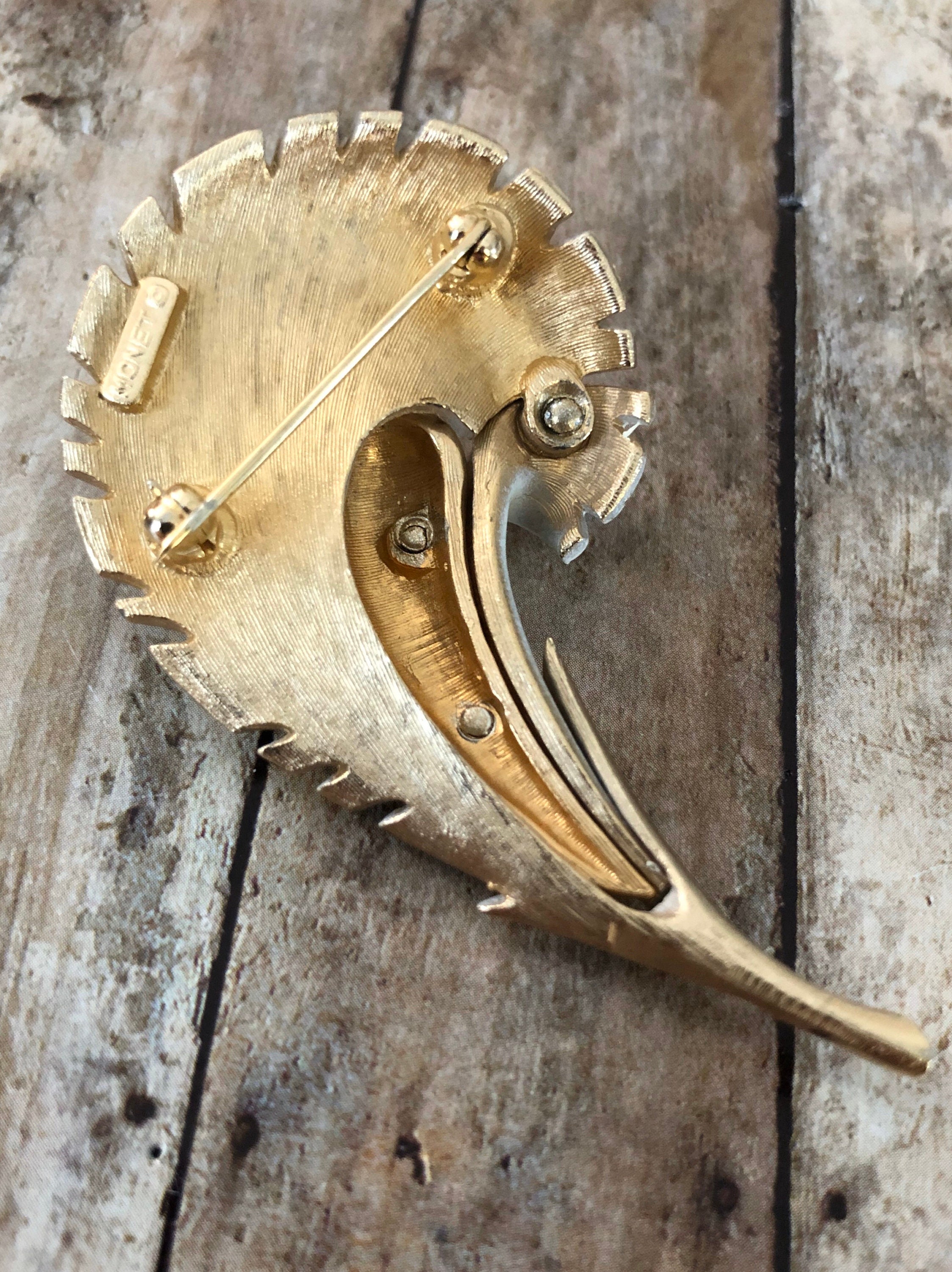 Vintage Monet Brooch/ Gold Tone /white Enamel Feather/mid Century/hard ...