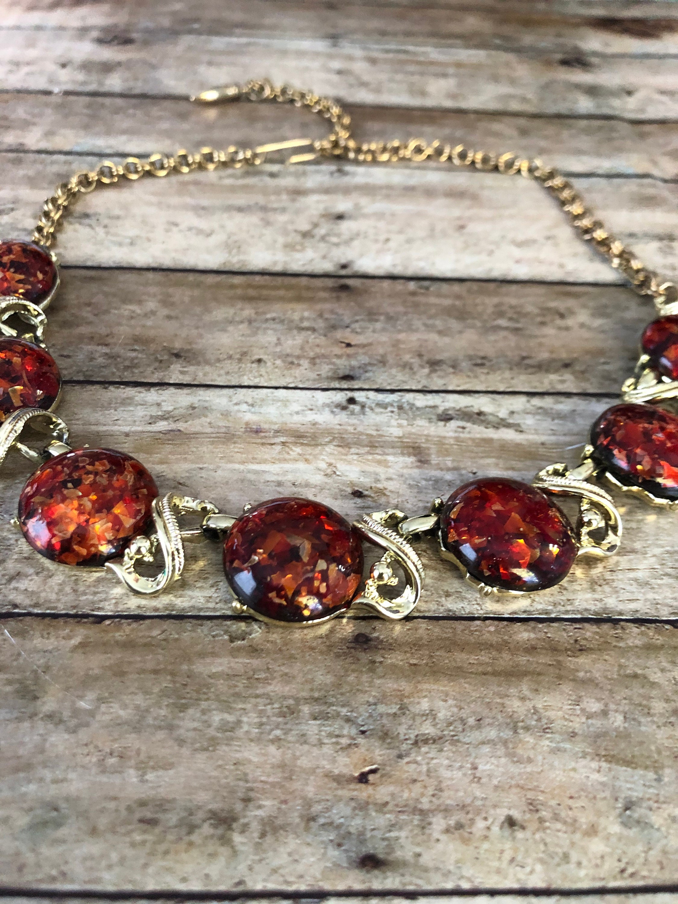 Vintage 1950 Era Necklace Amber Color Pressed Lucite Caboshons in Gold ...