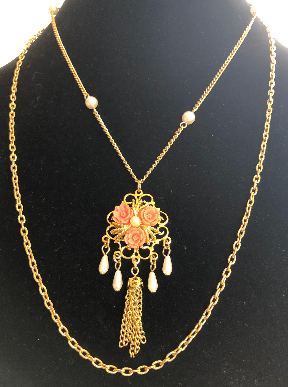 Chain Necklace, Vintage, Gold Tone Two Strand Chain With Faux Pearls ...