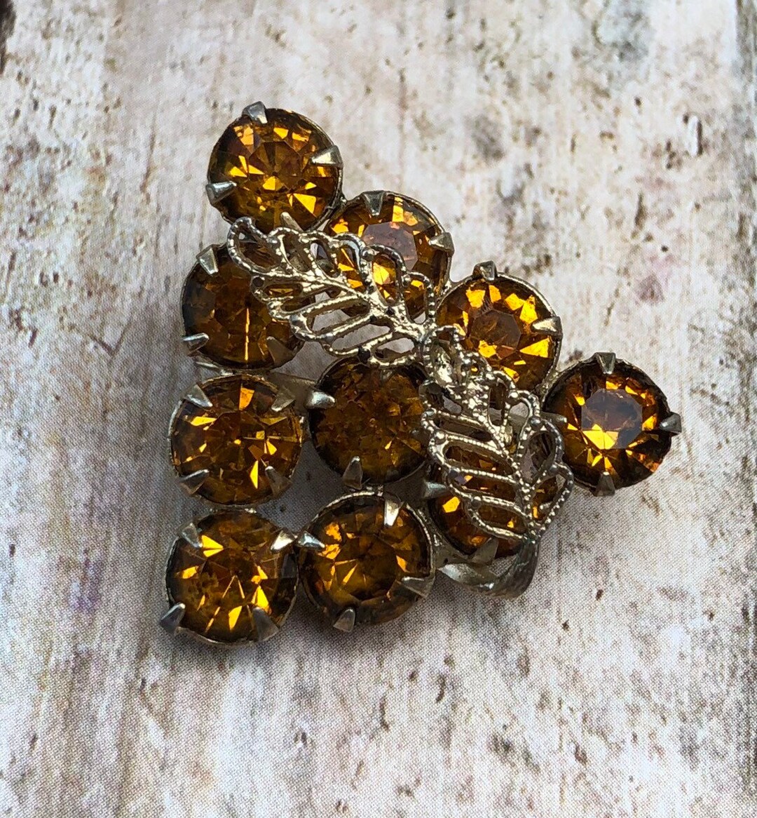Vintage Gold Tone Metal With Amber Color Glass Crystals Triangle Pin - Etsy
