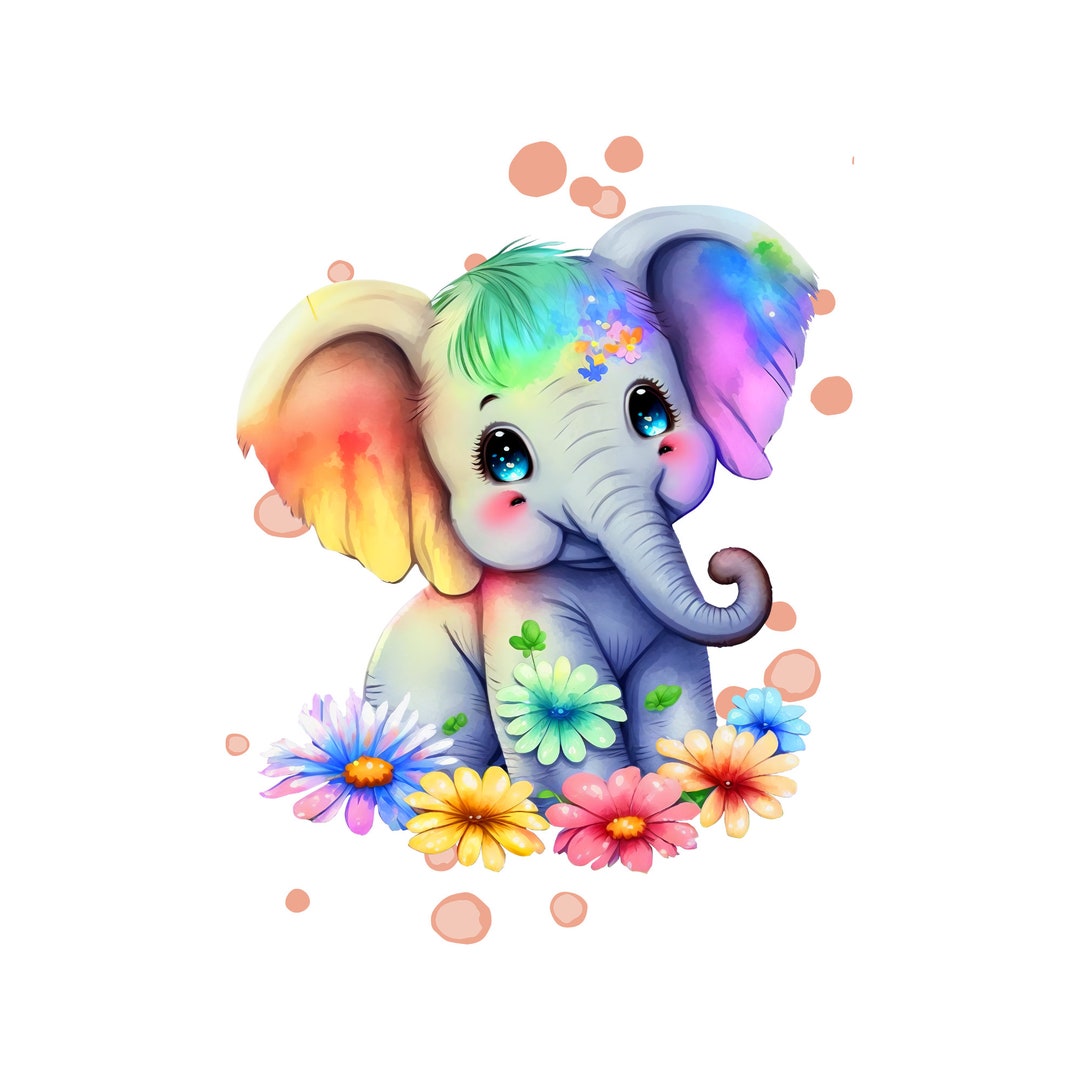 Baby Elephant - Rainbow Flowers = Digital Image - Clipart - Crafting ...