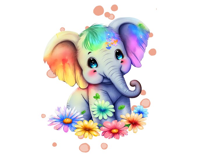Baby Elephant Rainbow Flowers Digital Image Clipart Crafting ...