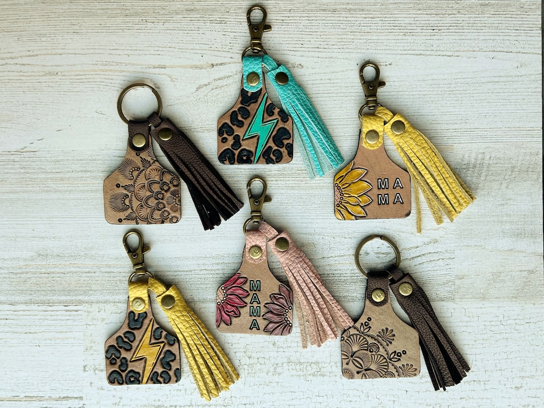 Keychain Tooled Cow Tag Assorted Leather - Etsy