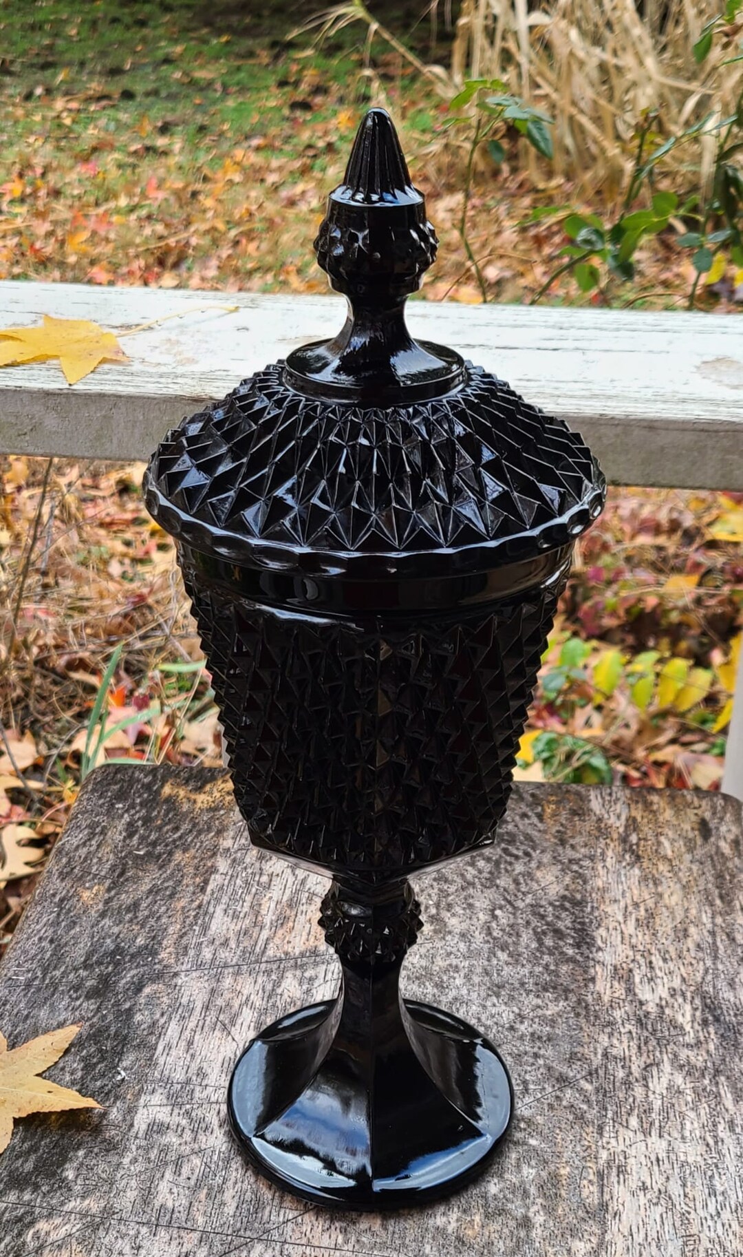 TIARA CAMEO BLACK Vase With Lid Pressed Glass Diamond Point Gothic ...