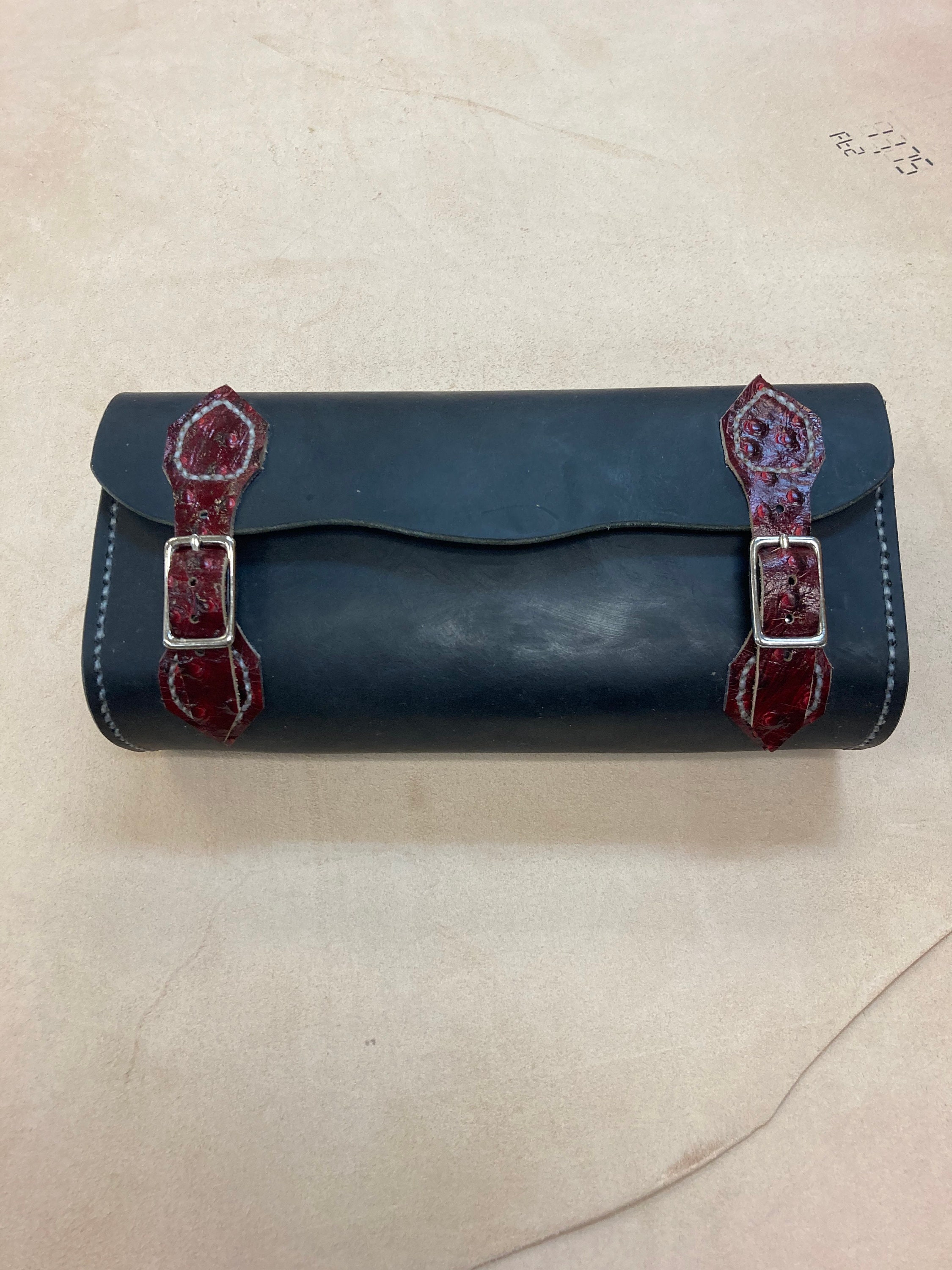 Leather Motorcycle Tool Bag, Handmade Genuine Black Leather With Red ...