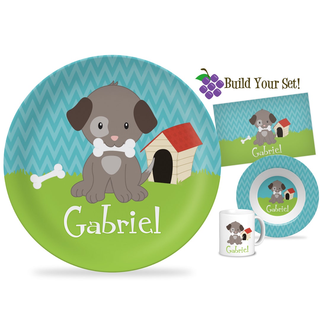 Personalized Kid Puppy Plate - Kids Blue Chevron Puppy Dinner Plate ...