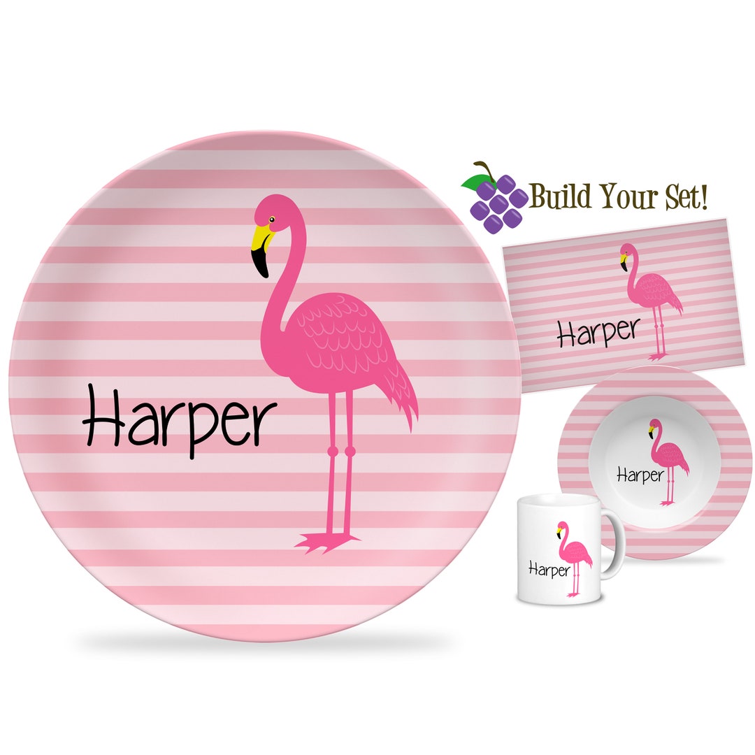 Personalized Flamingo Plate - Pink Stripes Flamingo Dinner Plate ...