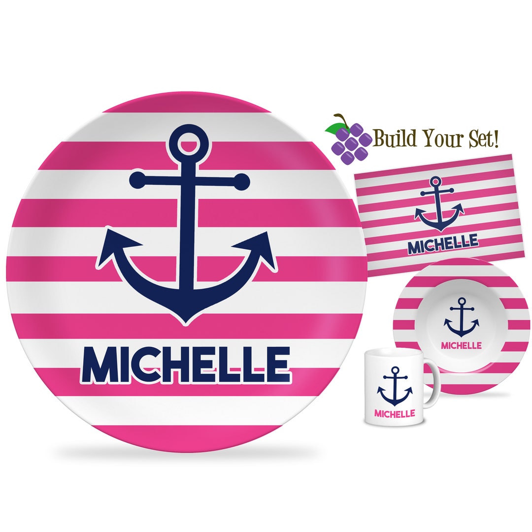 Personalized Anchor Plate - Pink Stripes Ocean Nautical Dinner Plate ...