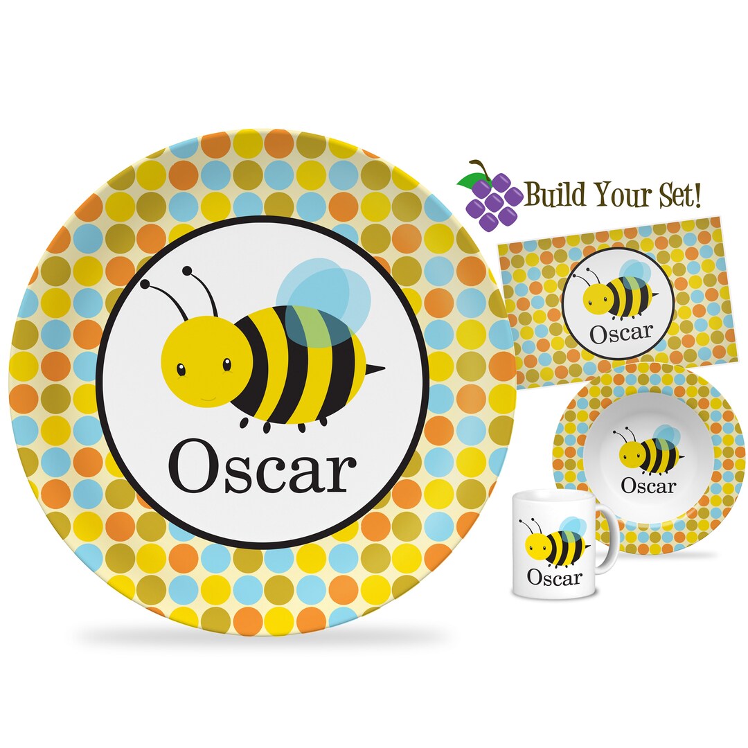 Baby Bug Plate - Yellow Polka Dot Bumble Bee Dinner Plate, Retro Little ...