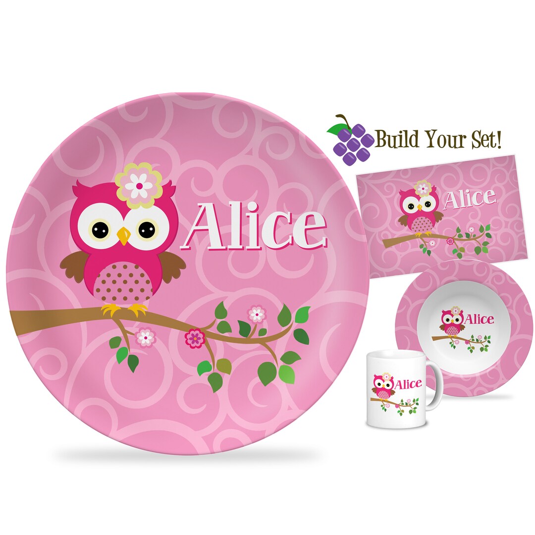 Pink Owl Plate: Cute Little Woodland Bird Animal Personalized ...