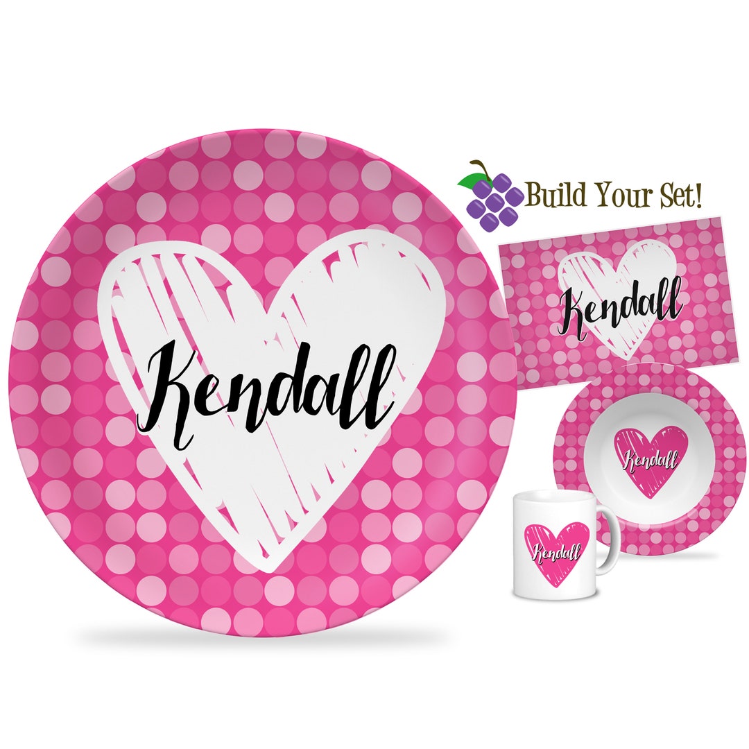 Heart Personalized Plate - Hot Pink Polka Dots Doodle Heart Kids Dinner ...