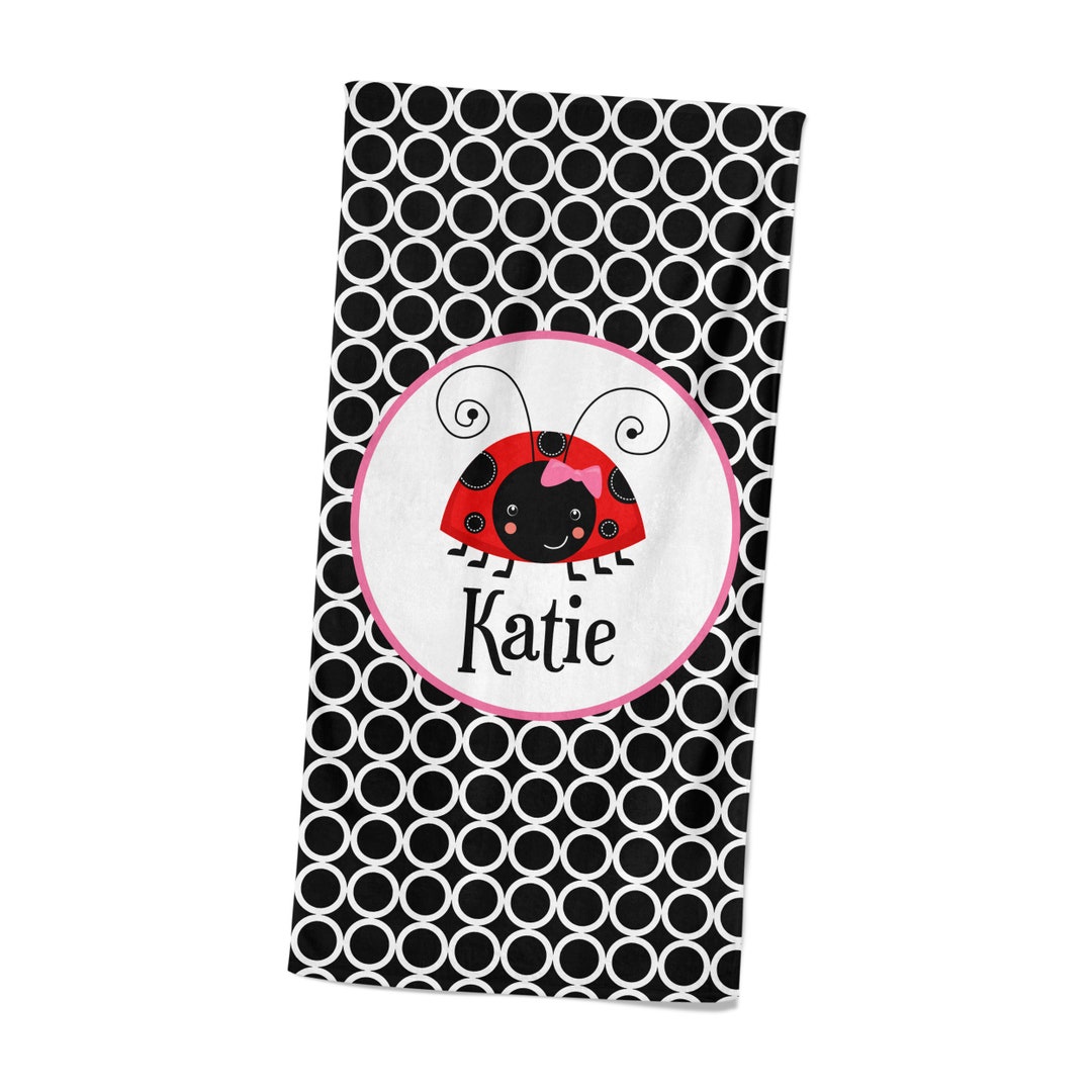 Personalized Ladybug Beach Towel - Black Geometric Circles Baby Bug ...