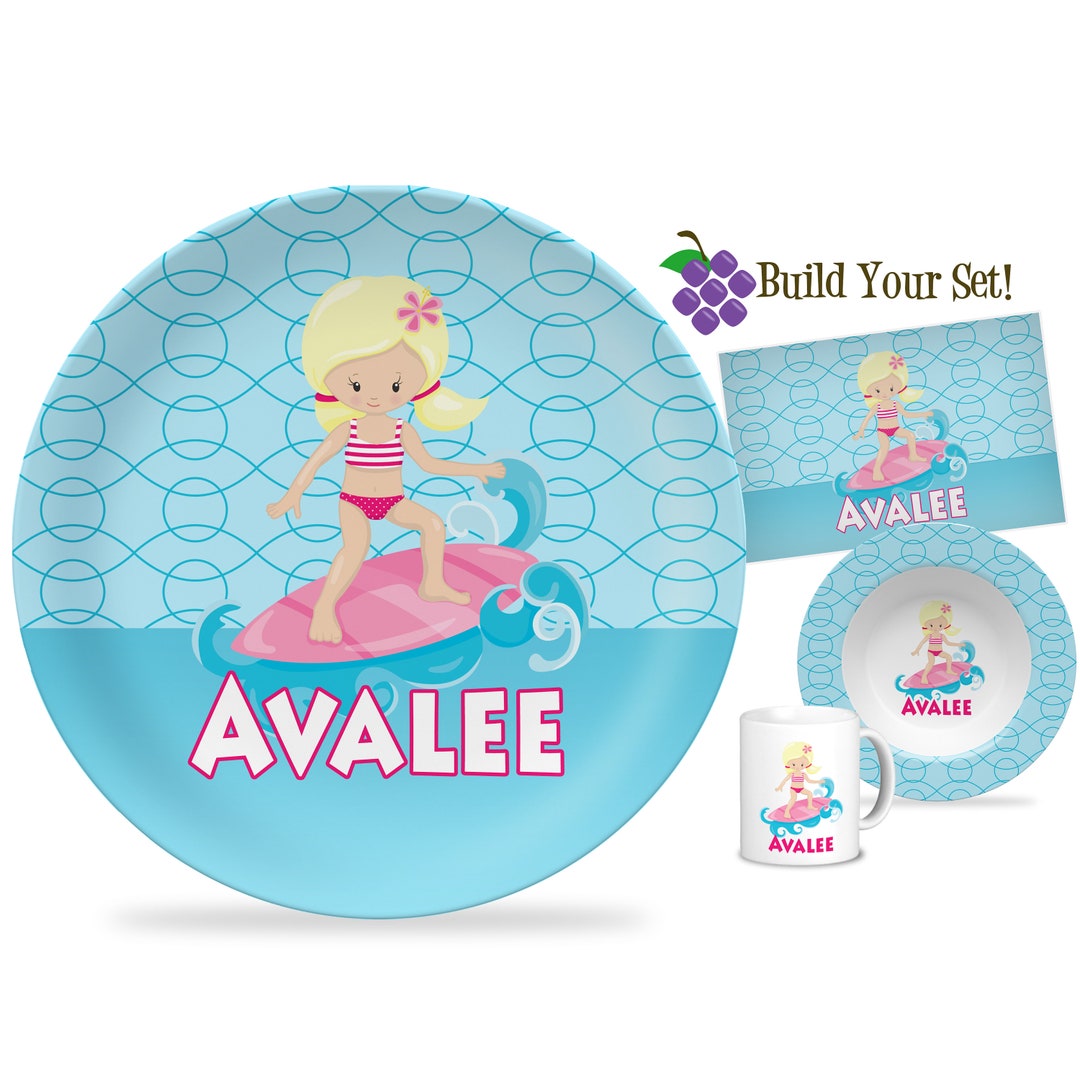 Surf Plate - Blue Ocean Waves Sport Dinner Plate Set, Pink Surfboard ...