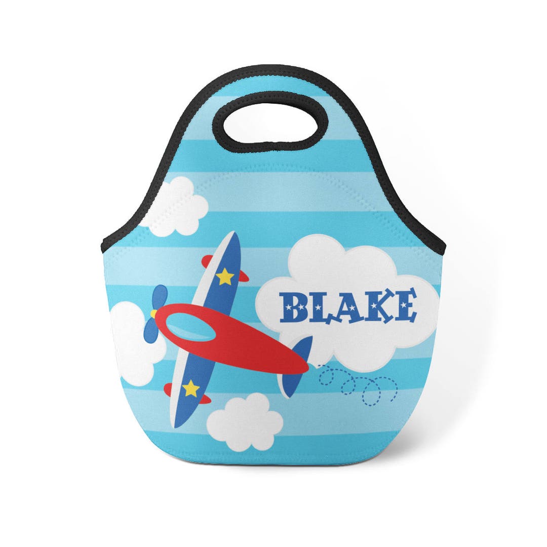 Kids Airplane Lunch Tote - Blue Stripes Aviator Snack Sack, Retro Red ...