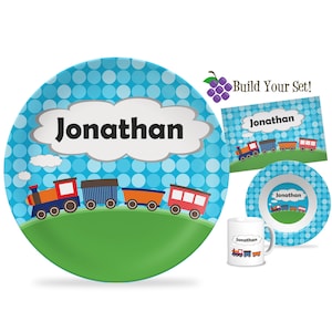 Kids Train Plate - Blue Polka Dot Sky Train Engine Caboose Dinner Plate ...