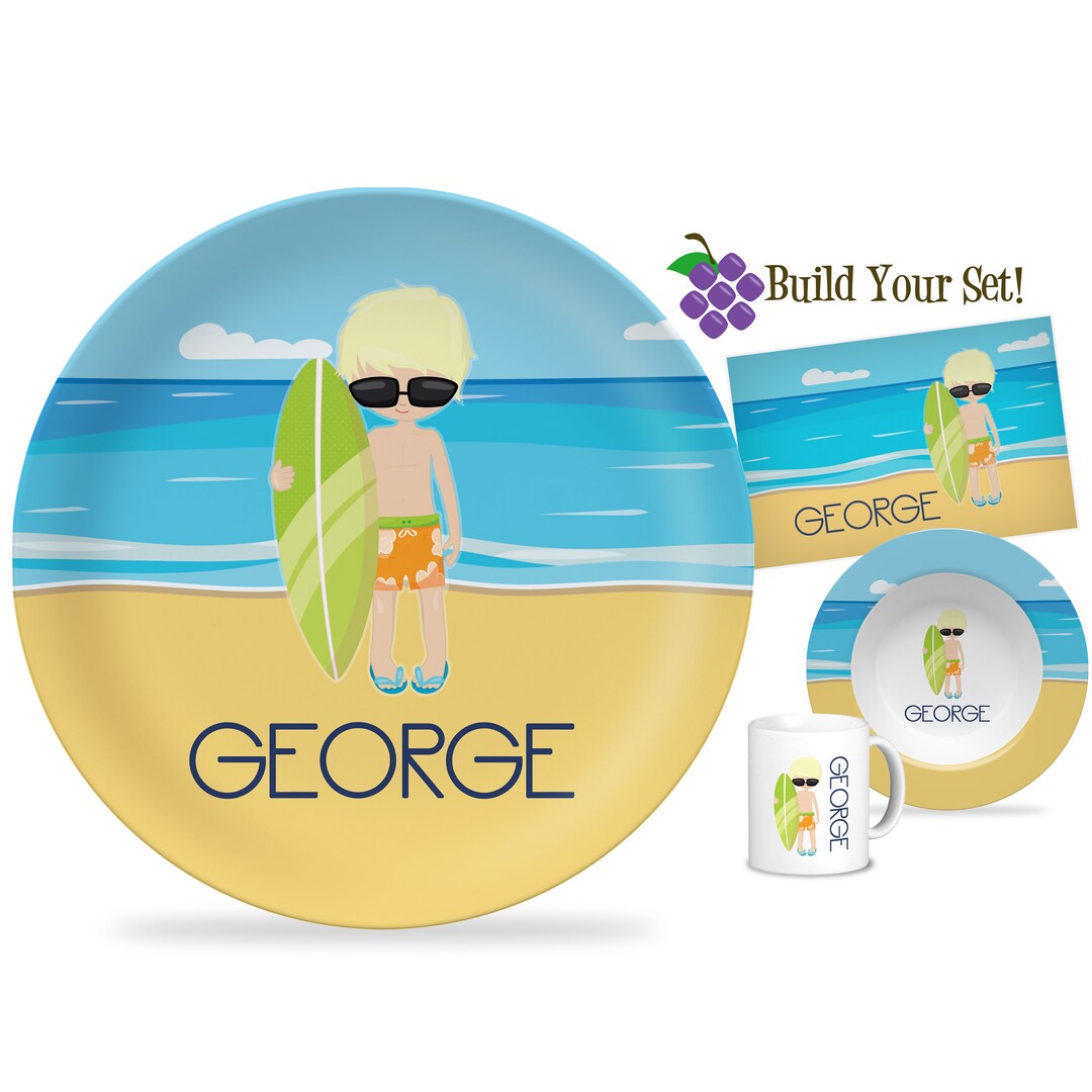 Kids Surf Plate - Blue Beach Ocean Waves Sport Dinner Plate Set, Lime ...