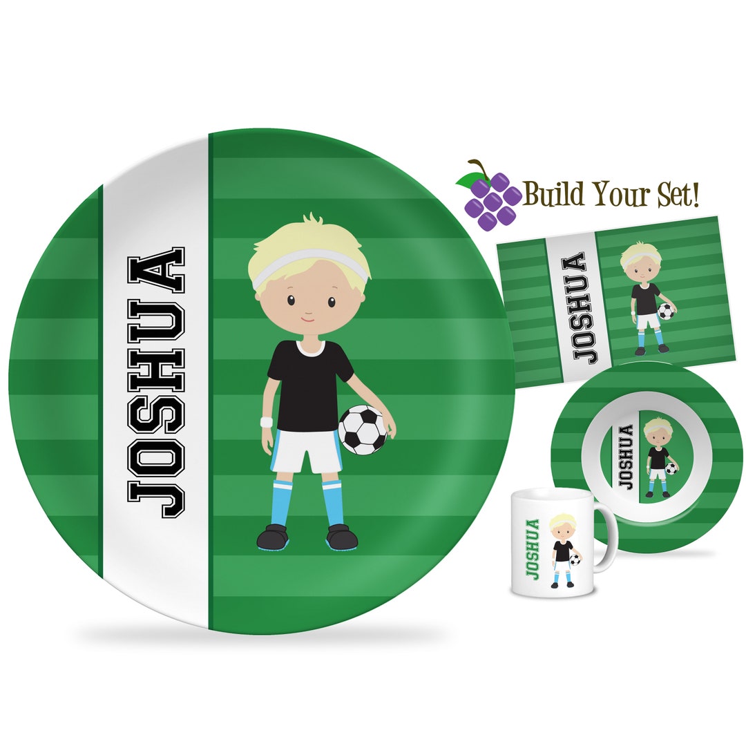 Personalized Soccer Plate - Green Stripe Soccer Ball Boy Dinner Plate ...