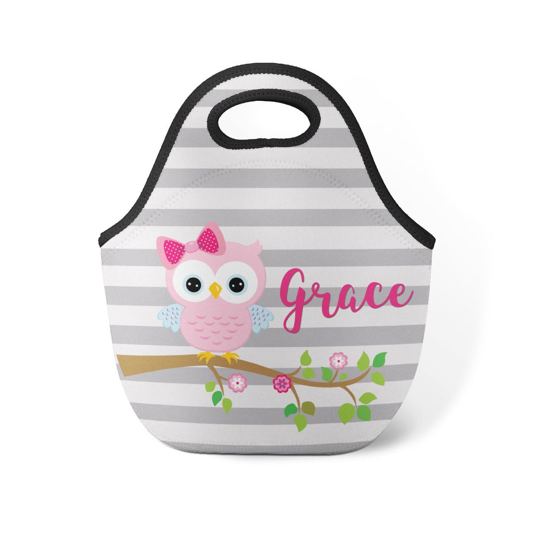 Personalized Owl Lunch Tote - Gray Stripes Woodland Bird Snack Sack ...