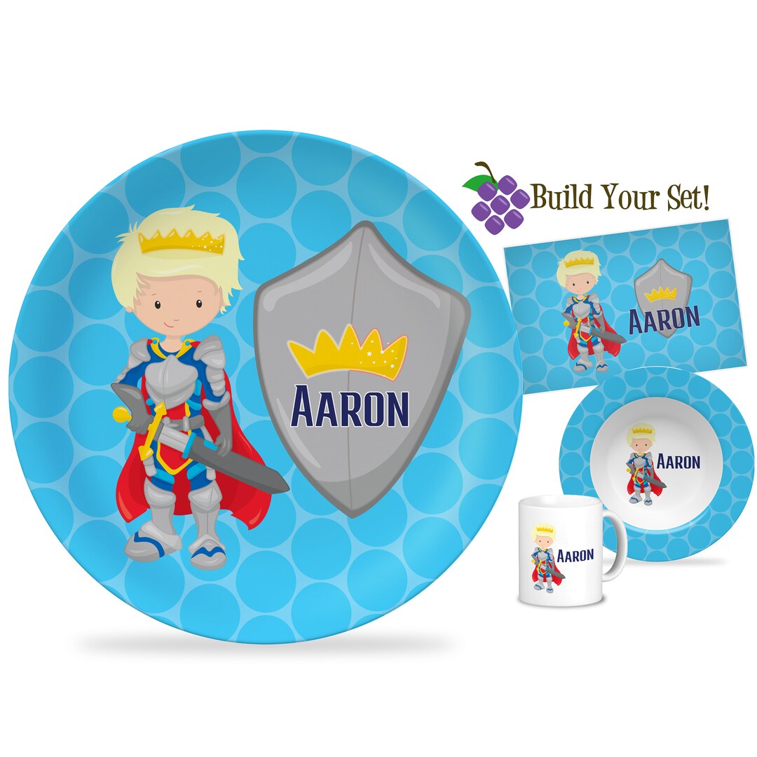 Personalized Knight Plate - Blue Dots Royal Prince Shield Dinner Plate ...