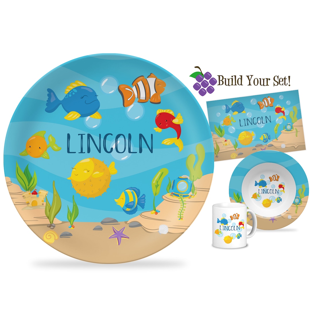 Kids Ocean Fish Plate - Blue Ocean Waters Animal Dinner Plate, Blowfish ...