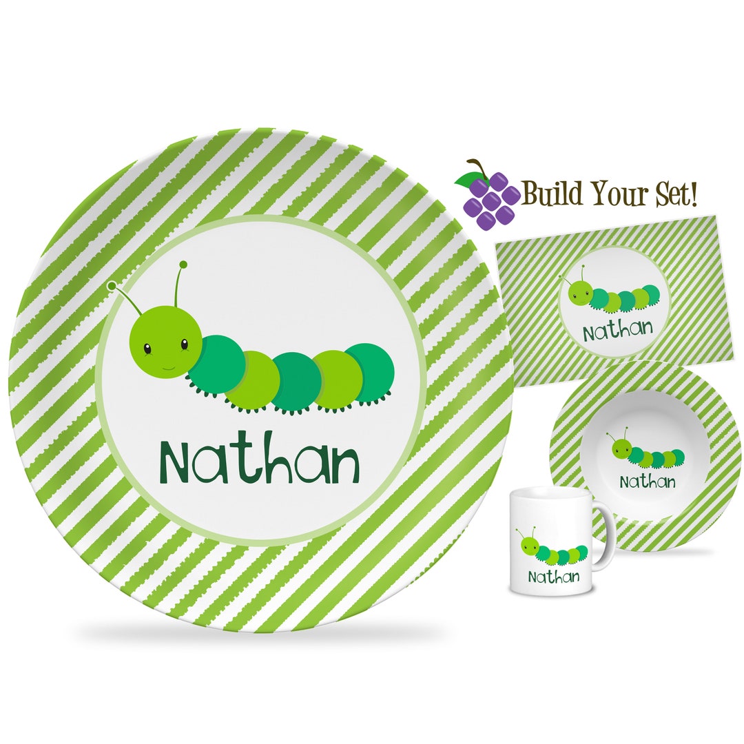 Babys First Bug Plate - Lime Green Stripes Caterpillar Dinner Plate ...