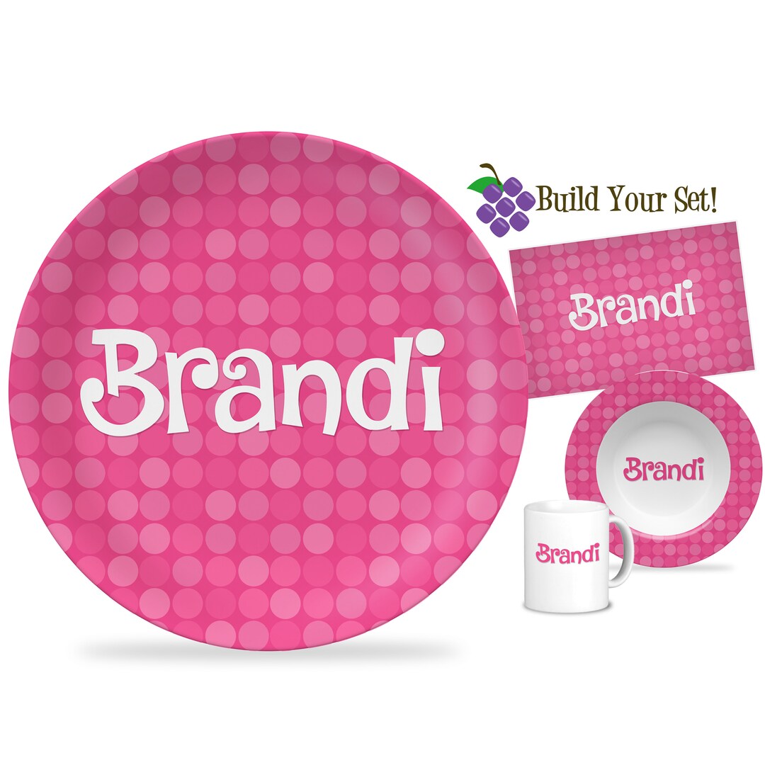 Pink Personalized Plate - Bright Pink Fushia Polka Dots Simple Name ...