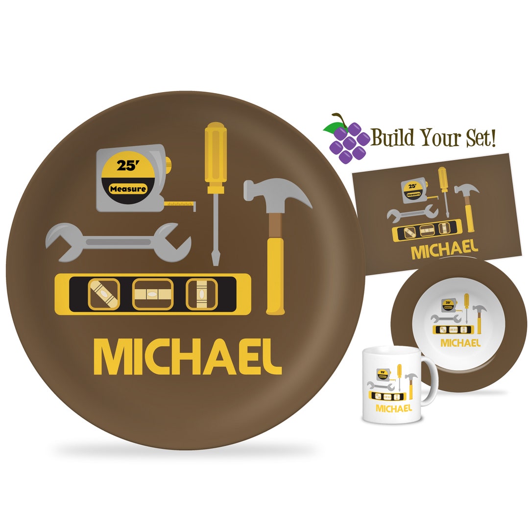 Kids Yellow Tools Plate: Handy Man Hammer Level Personalized Dinner Set ...