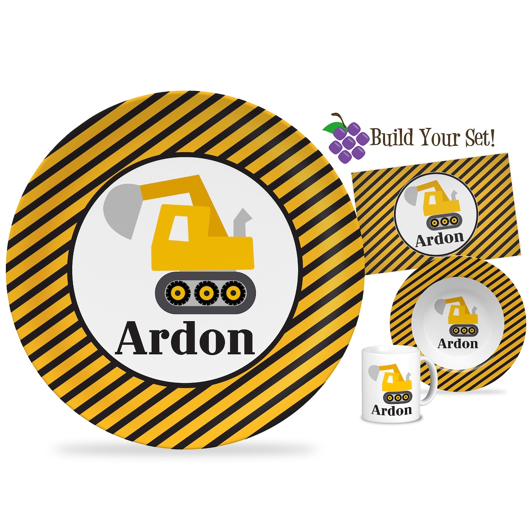 Kids Digger Plate - Yellow Black Stripe Construction Truck Dinner ...