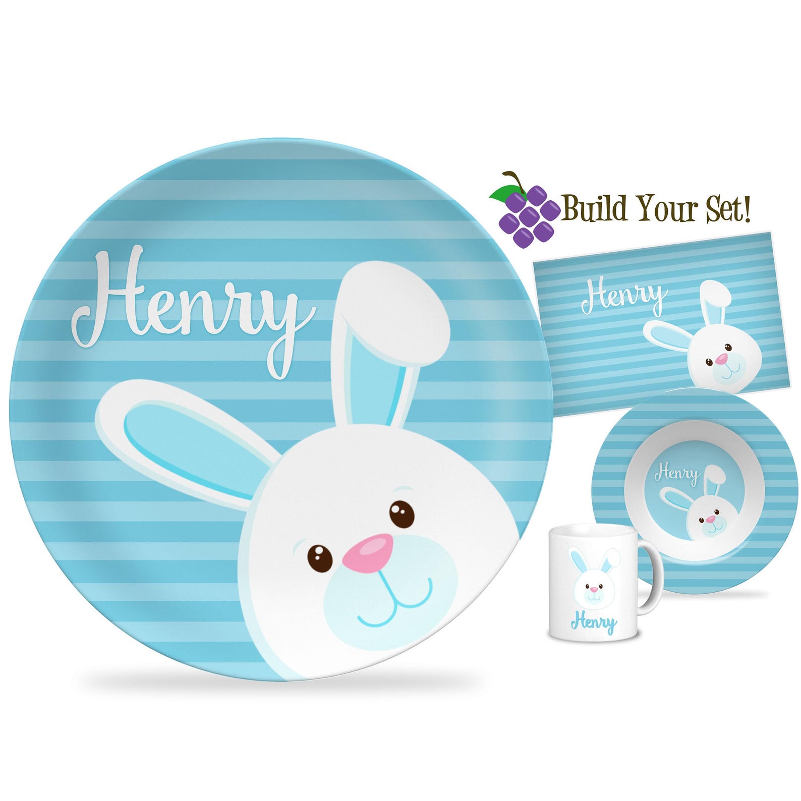 Kids Easter Personalized Plate - Blue Stripes Easter Bunny Dinner Plate ...