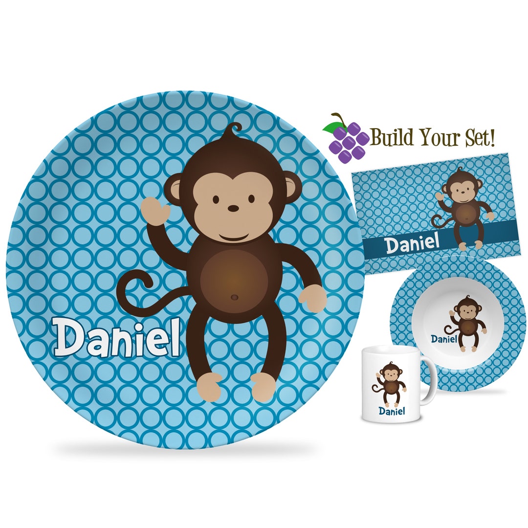 Monkey Personalized Plate - Blue Circle Dots Mod Monkey Dinner Plate ...