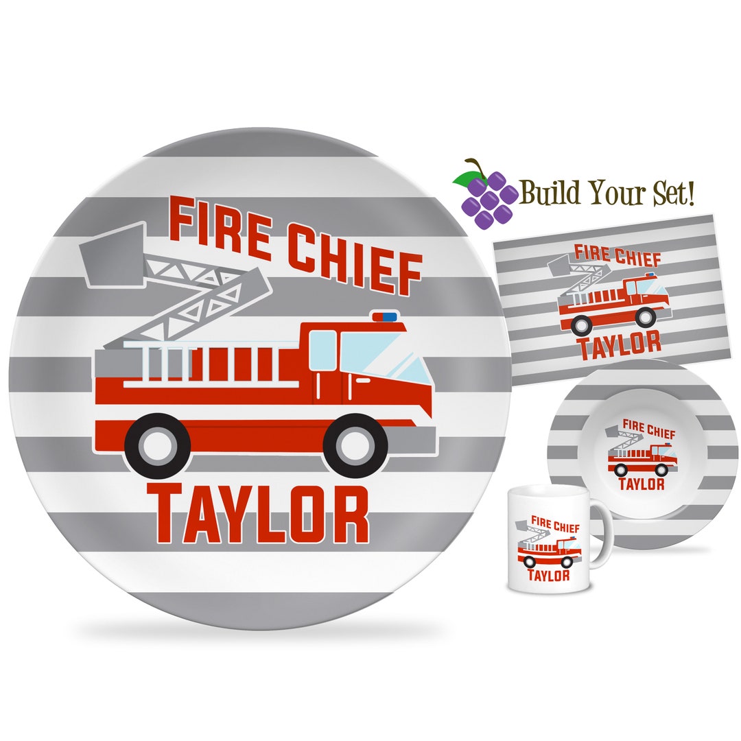 Kids Fire Truck Plate - Gray Stripes Firetruck Dinner Plate, Red Fire ...