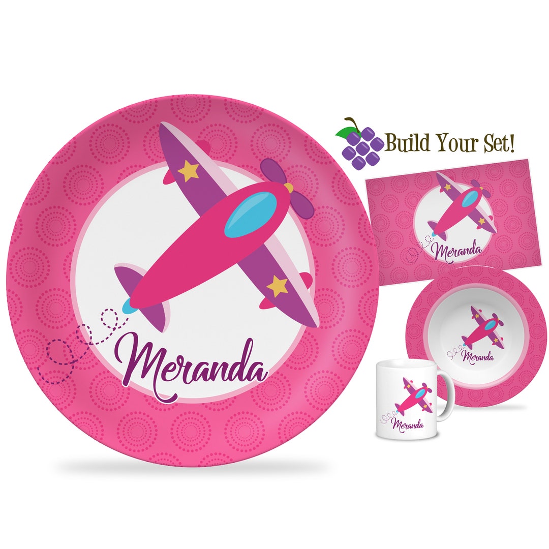 Personalized Airplane Plate - Pink Polka Dots Airplane Pilot Dinner ...