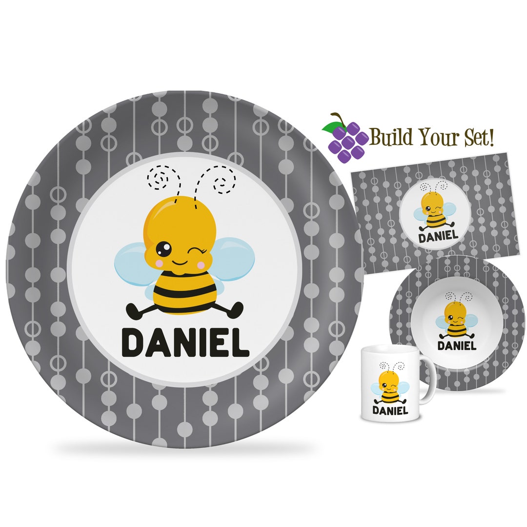 Kids Honey Bee Plate - Gray Dots Bumble Bee Dinner Plate, Yellow Happy ...