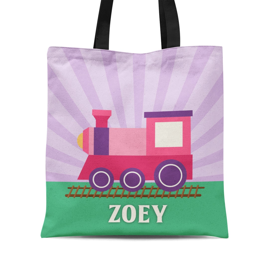 Train Tote Bag - Kids Purple Stripe Train Engine Tote Sack, Retro Pink ...