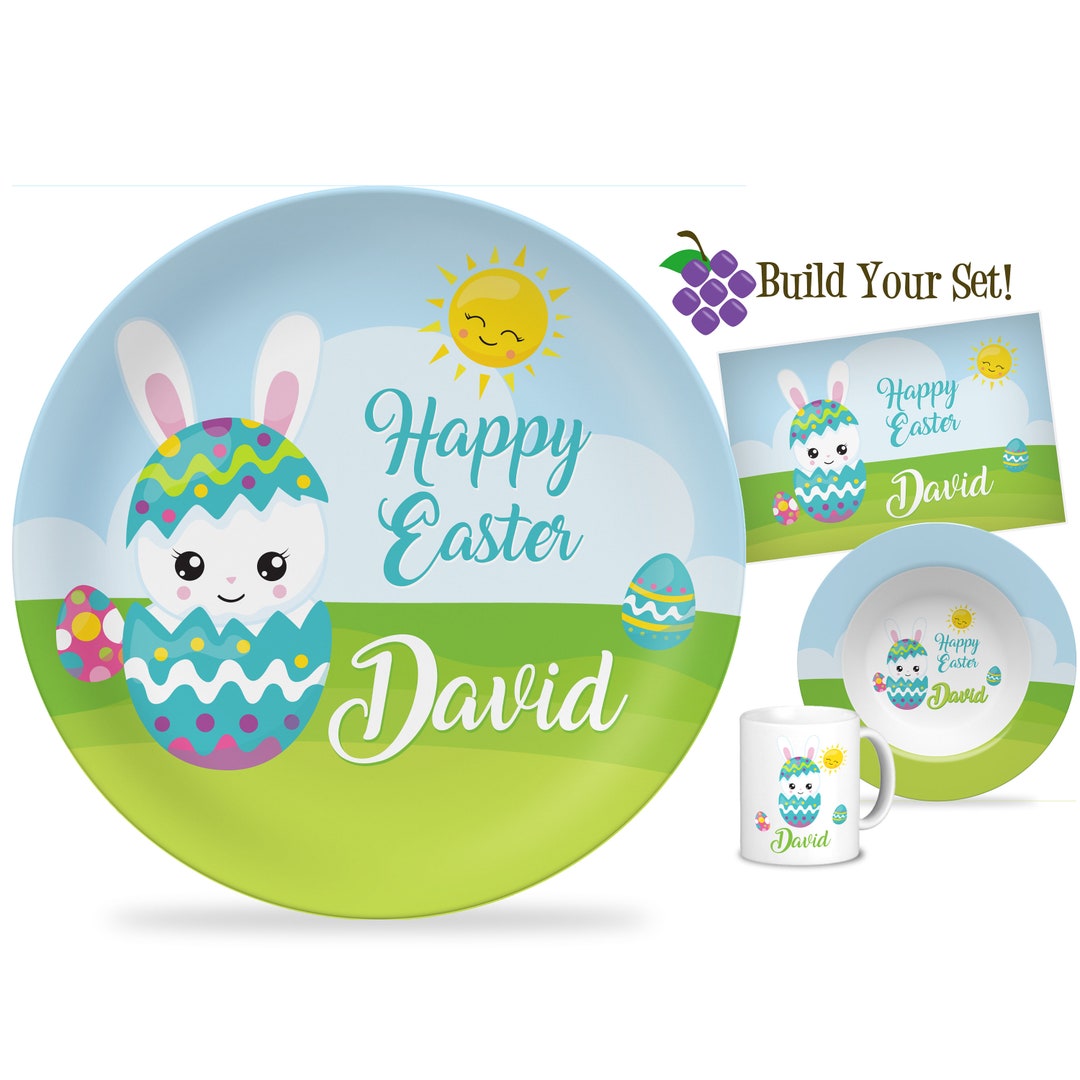 Kids Easter Plate Happy Easter Dinner Plate, Blue Sky Green Grass ...