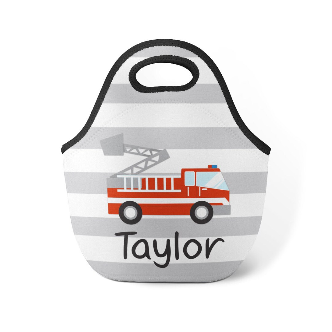 Fire Truck Lunch Tote - Gray Stripe Firefighter Snack Sack, Red ...