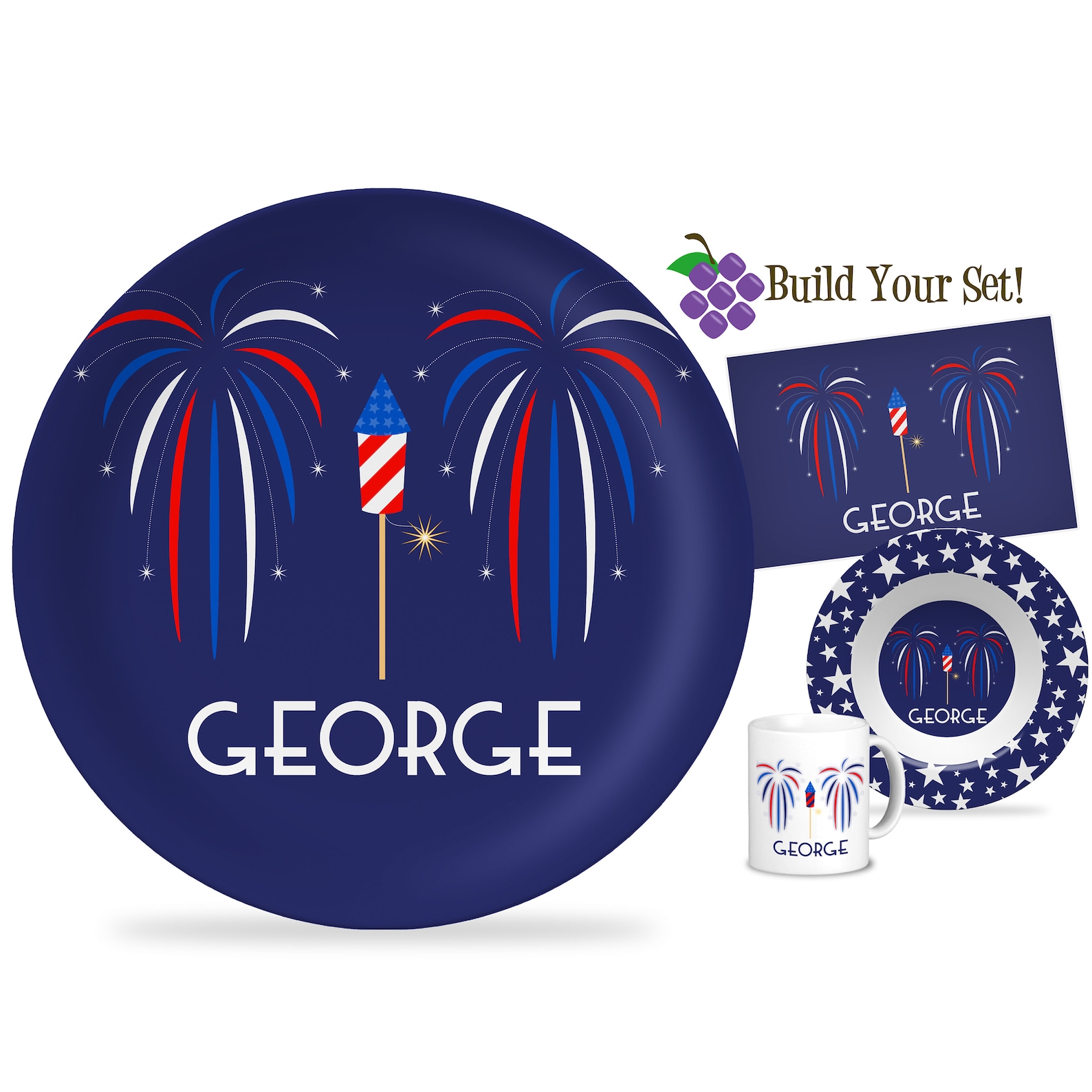 Kids July 4th Plate: Blue Firework Patriotic Holiday Picnic Dinnerware ...