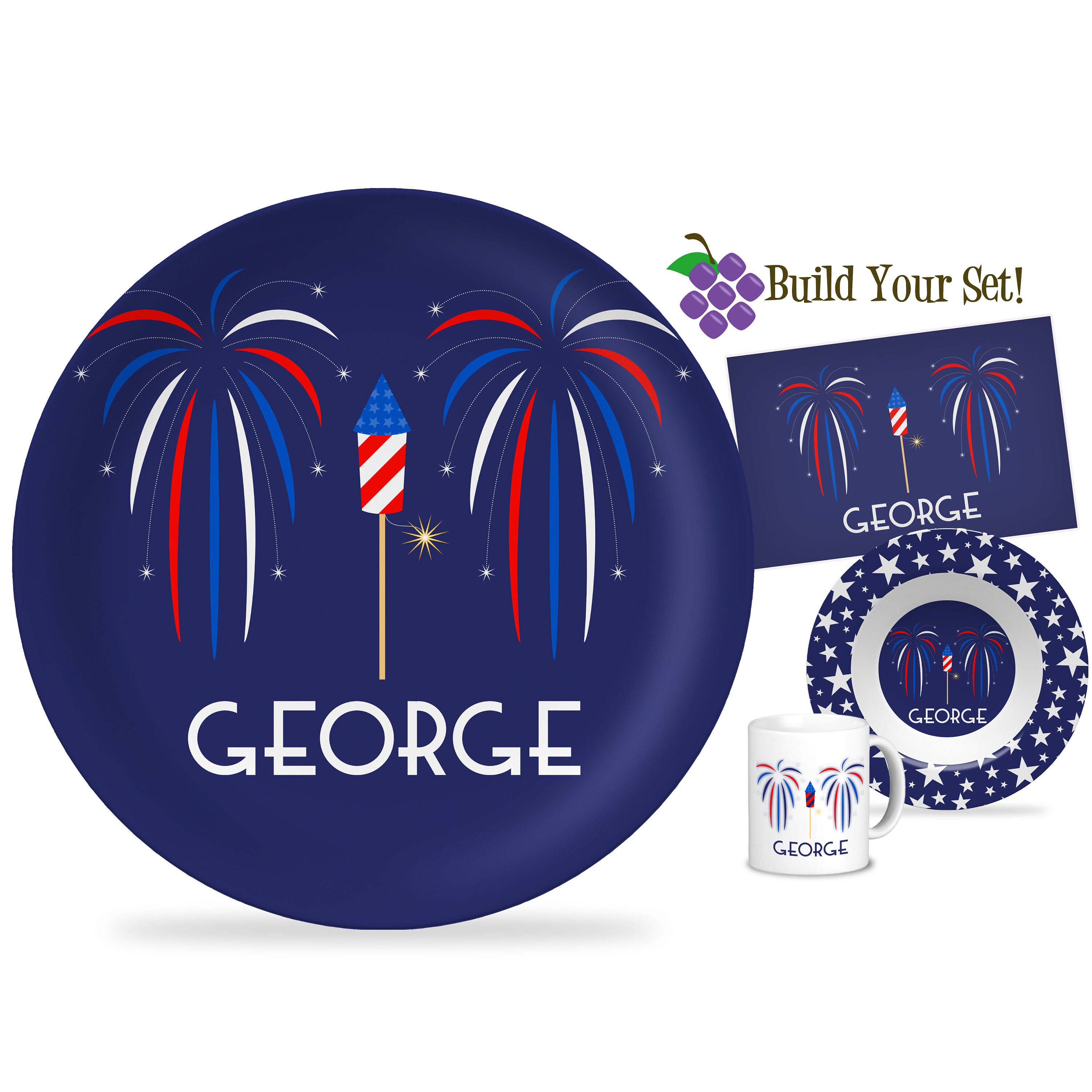 Kids July 4th Plate: Blue Firework Patriotic Holiday Picnic Dinnerware ...