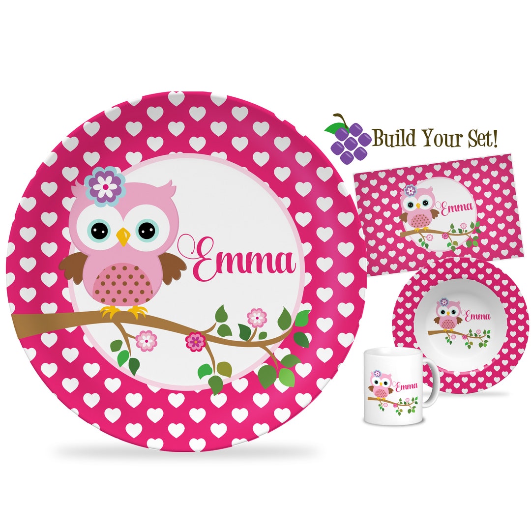 Owl Plate: Pink Heart Woodland Bird Personalized Dinnerware Set - Kids ...