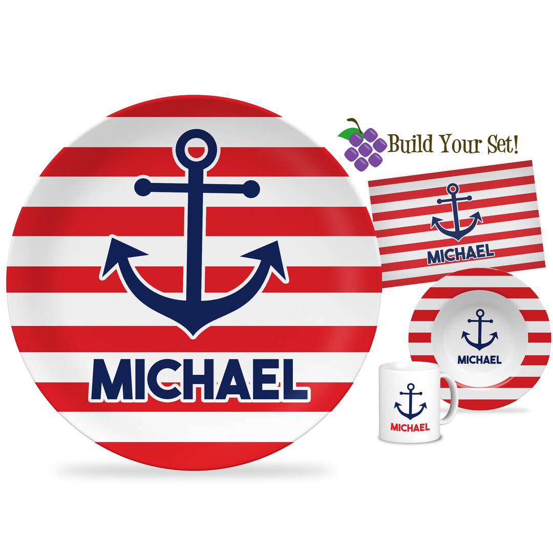 Anchor Plate - Red Stripes Ocean Nautical Dinner Plate Set, Navy Blue ...