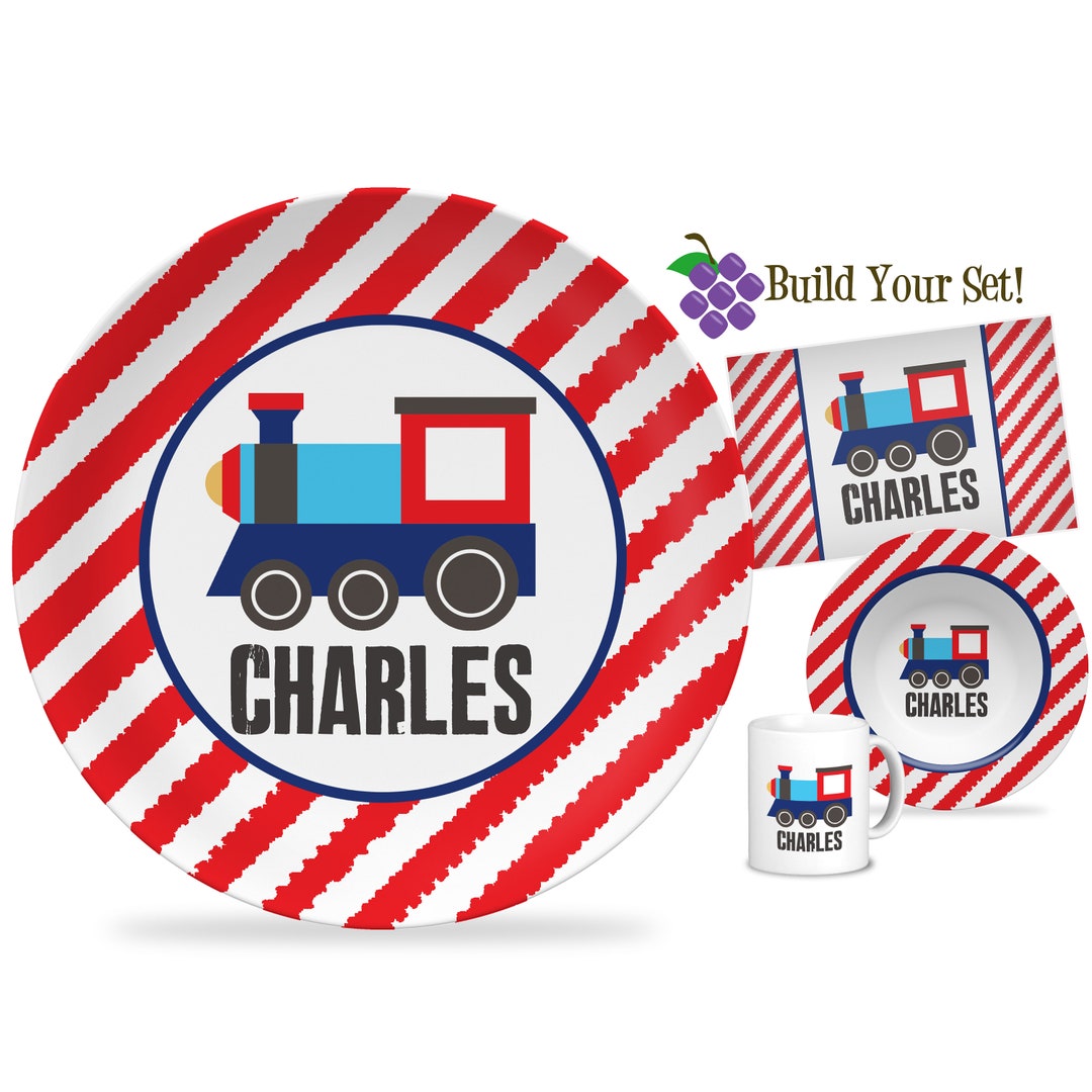 Personalized Train Plate - Red Stripes Train Engine Car Dinner Plate ...