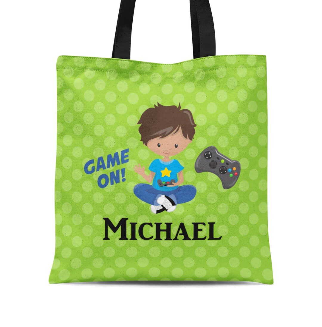 Kids Gamer Tote Bag - Green Polka Dots Video Game Sack, Game Controller ...
