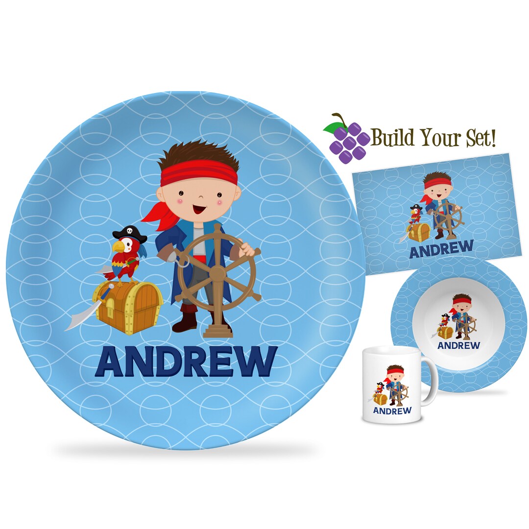 Kids Pirate Personalized Plate - Blue Swirl Pirate Dinner Plate Set ...