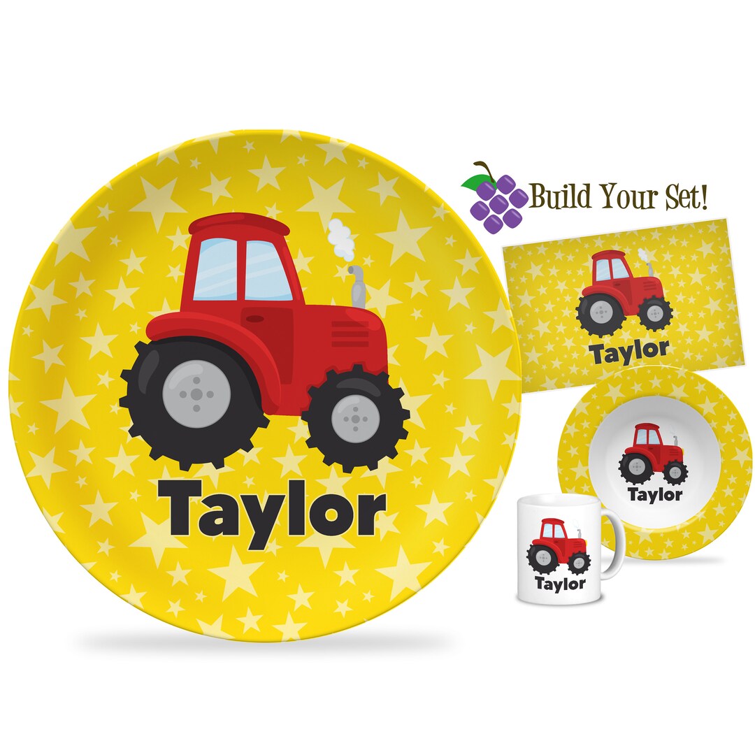 Tractor Plate - Yellow Stars Farm Dinner Plate, Cute Red Farm Equipment ...