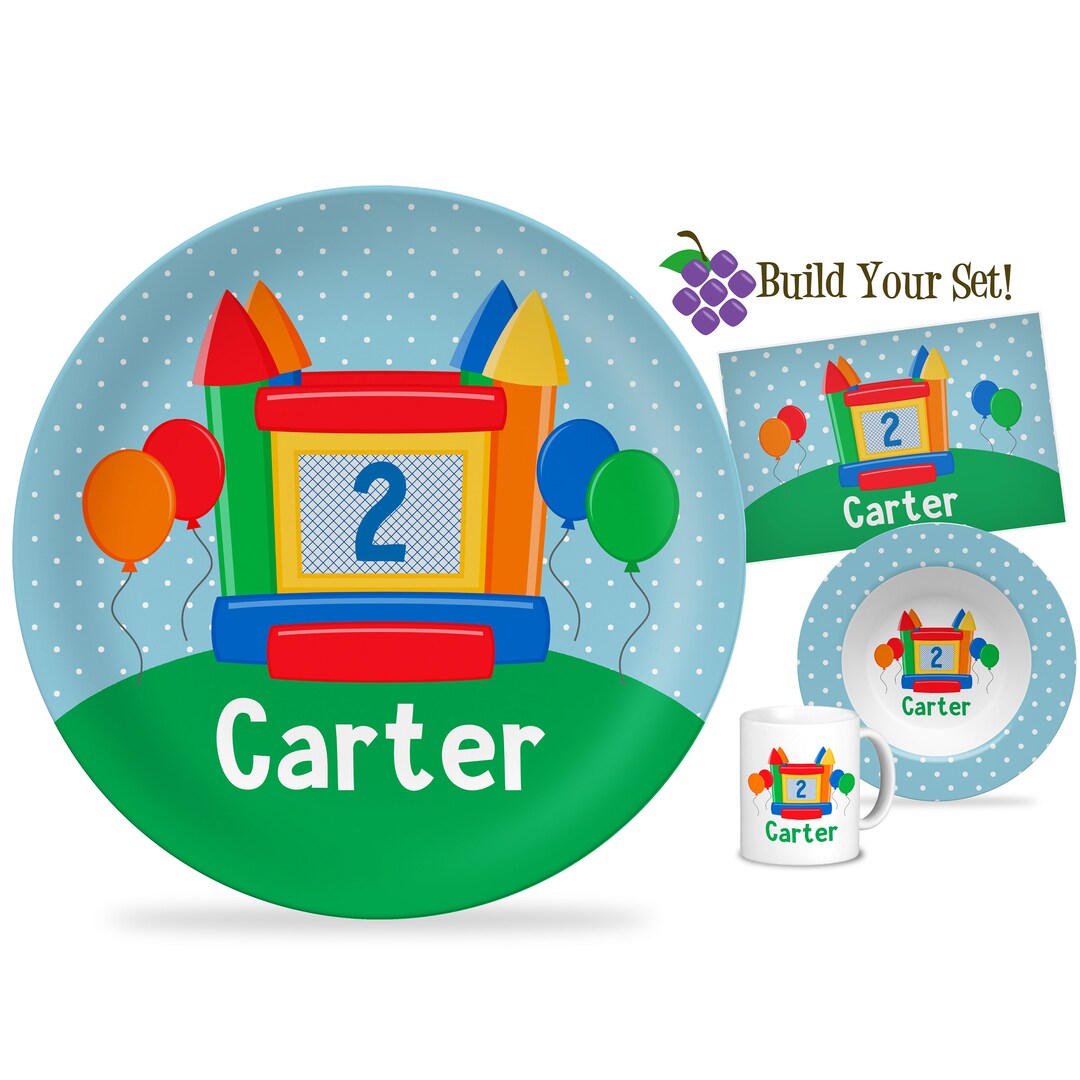 Bounce House Kids Plate - Blue Polka Dot Bouncy House Dinner Plate ...
