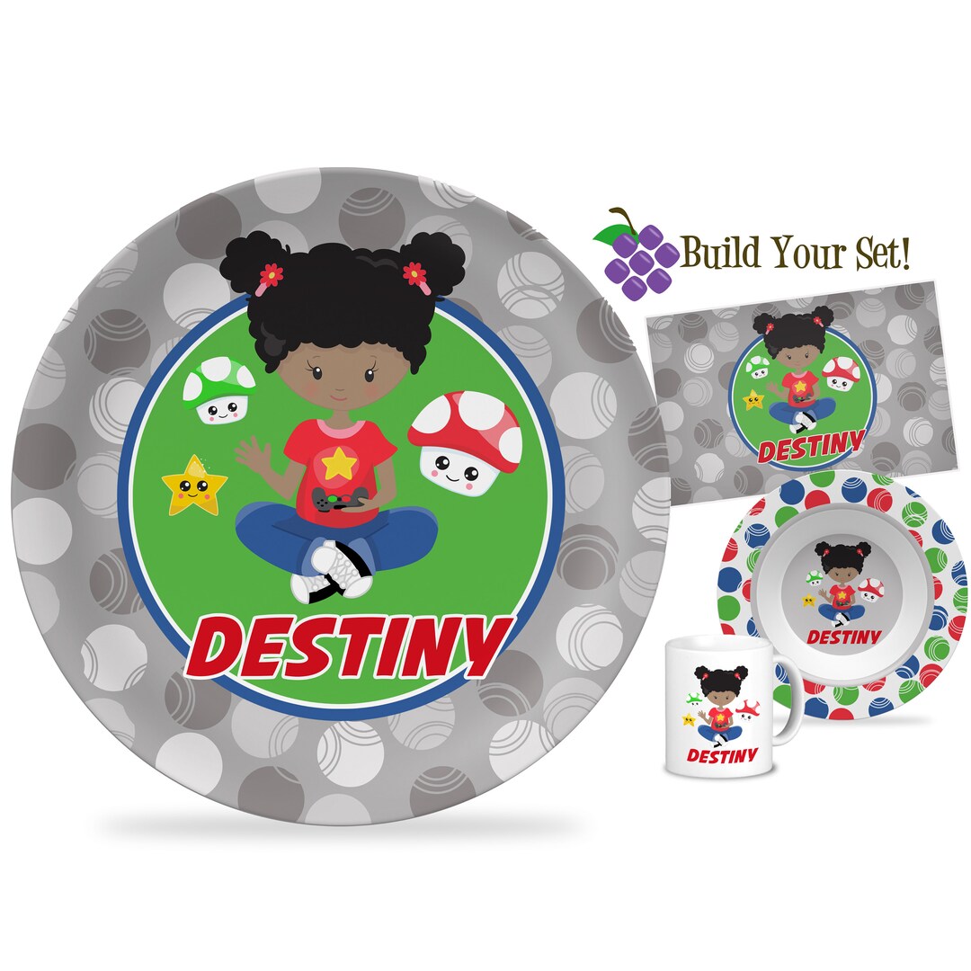 Personalized Gamer Plate - Red Blue Green Mushrooms Game Player Dinner ...